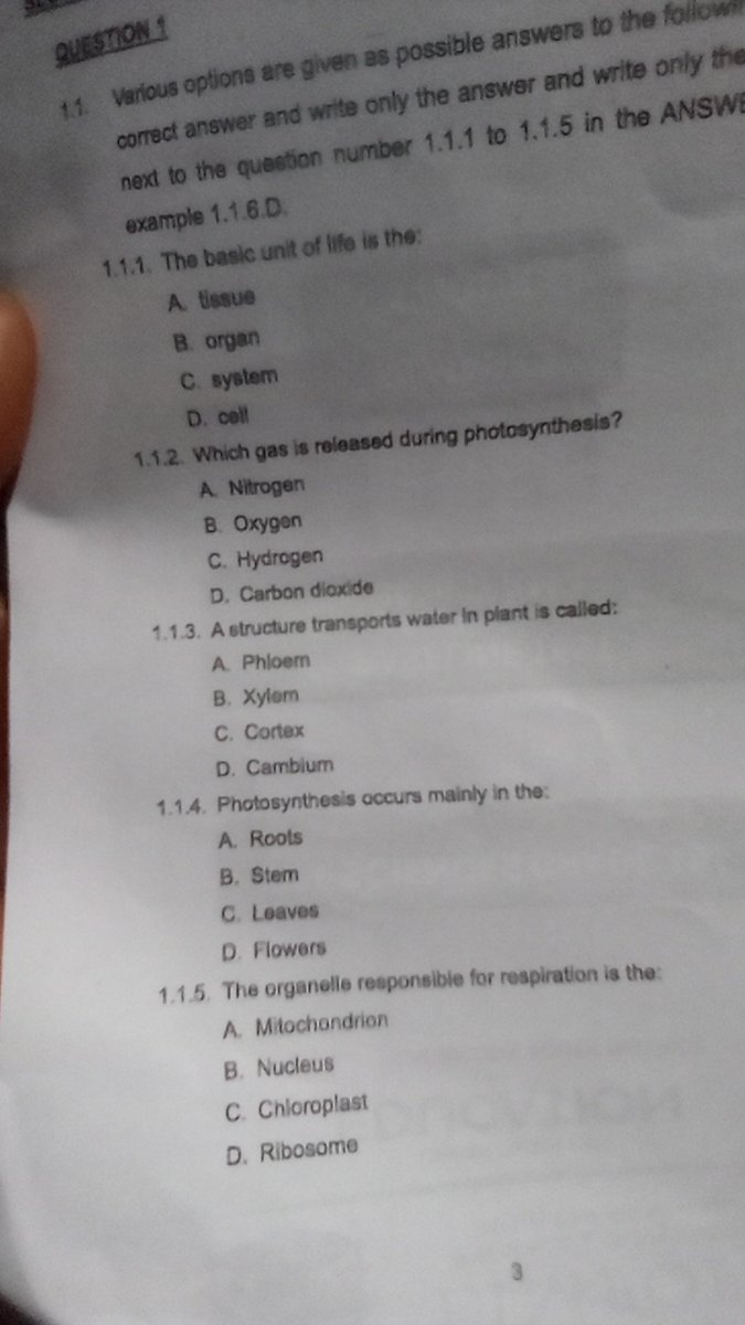 QUESTION 1 1.1. Various options are given as possible answers to the fol..