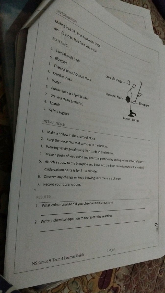 INVESTIGATION Making lead (Pb) from lead oxide (PbO) Aim: To extract lead..