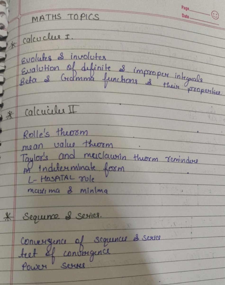 MATHS TOPICS Calculus I. Evolutes & involutes Evaluation of definite..