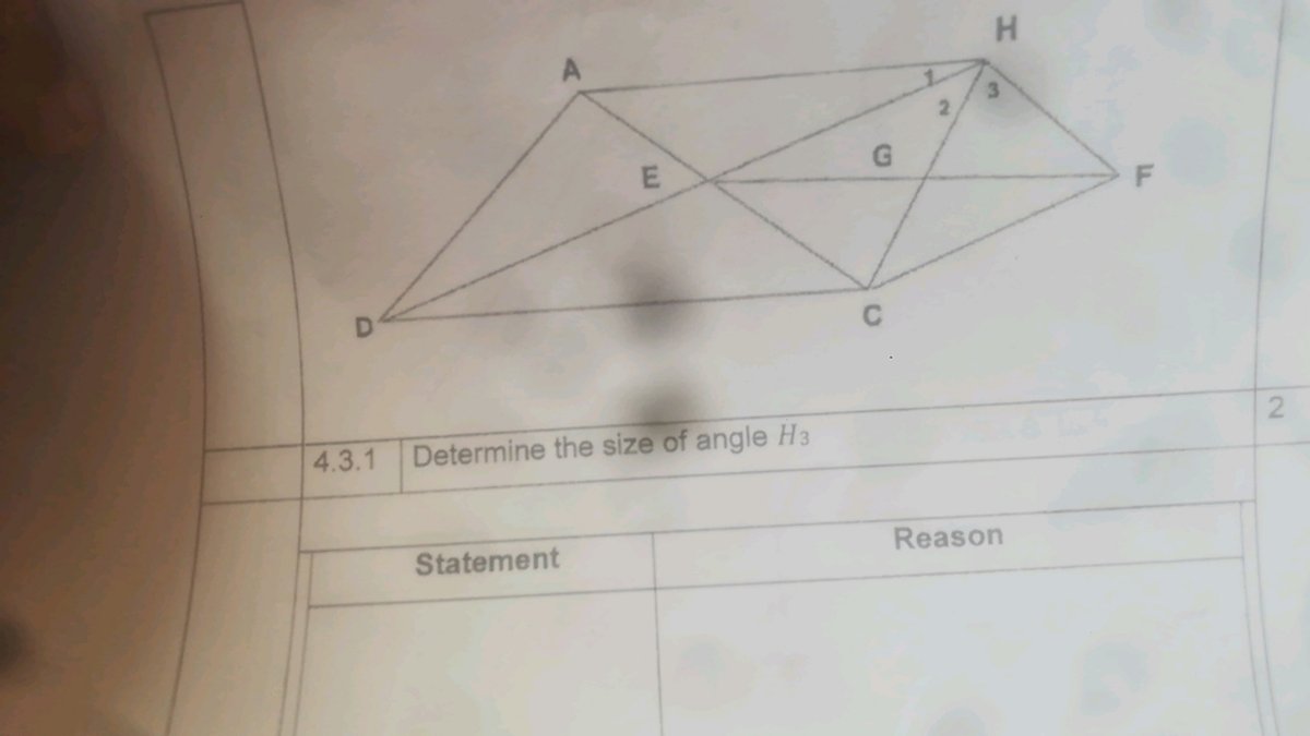Given the diagram: 4.3.1 Determine the size of angle H3. Provide your s..