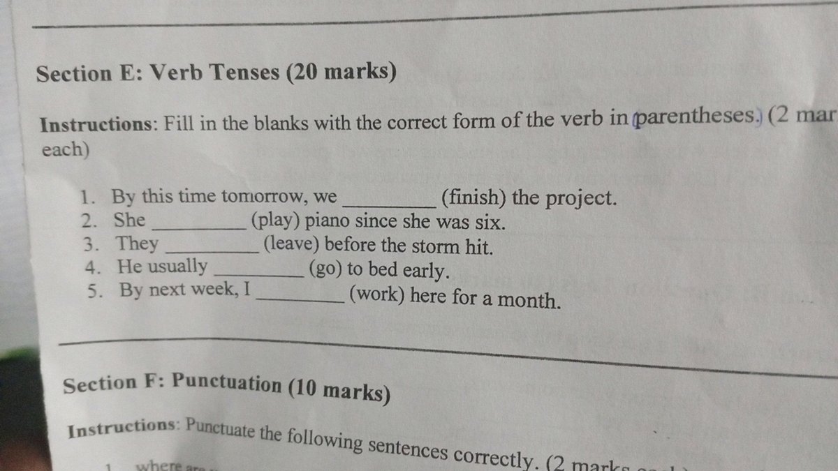 Section E: Verb Tenses (20 marks) Instructions: Fill in the blanks with t..