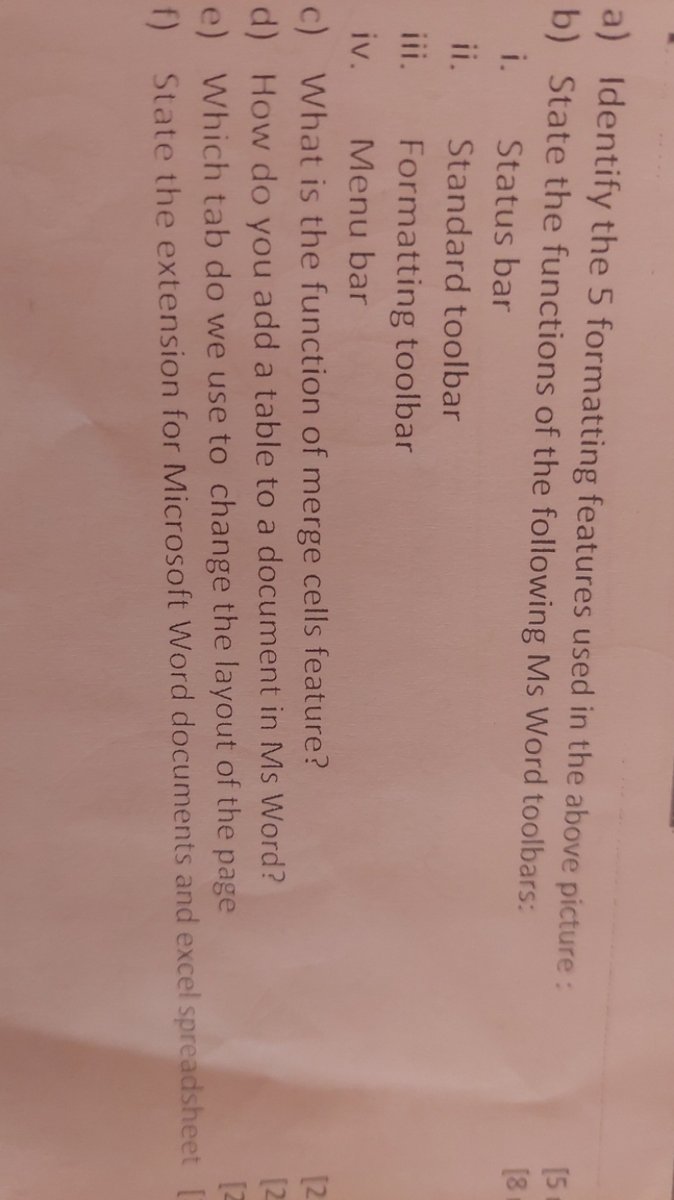 a) Identify the 5 formatting features used in the above picture: b) State..