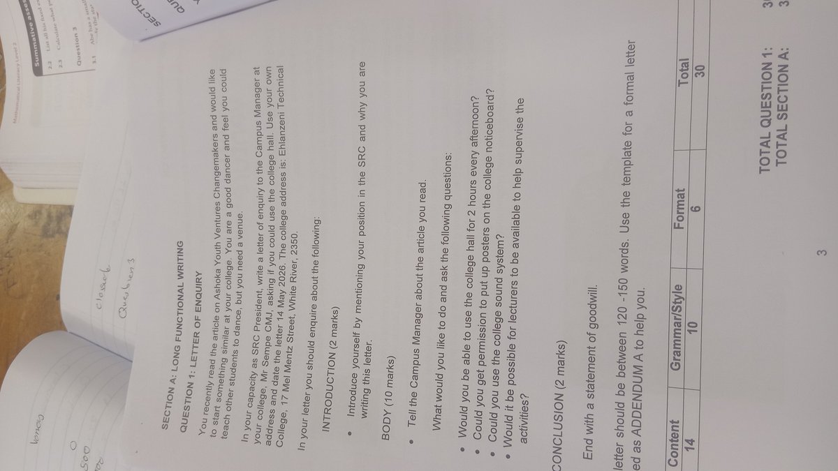 SECTION A: LONG FUNCTIONAL WRITING QUESTION 1: LETTER OF ENQUIRY You rec..