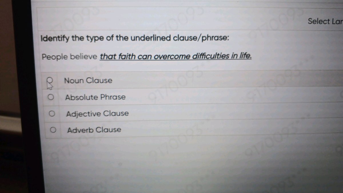 Identify the type of the underlined clause/phrase: People believe that f..