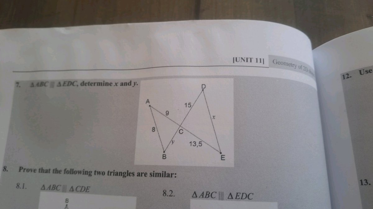 \triangle ABC \\ \triangle EDC, determine x and y. Prove that the follow..