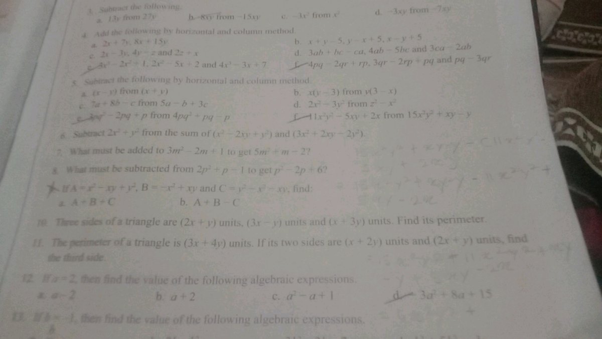 Here are some questions related to algebraic expressions: 3. Subtract th..