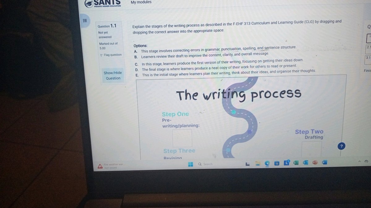 Explain the stages of the writing process as described in the F-EHF 313 C..