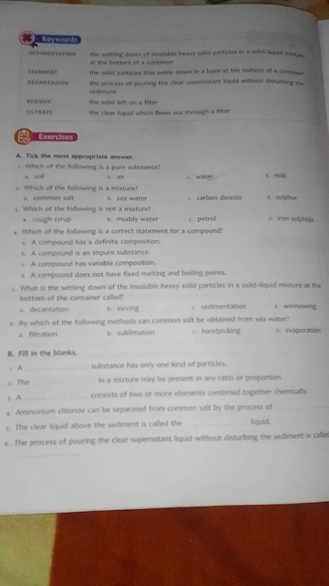 Here are some questions related to pure substances, mixtures, compounds,