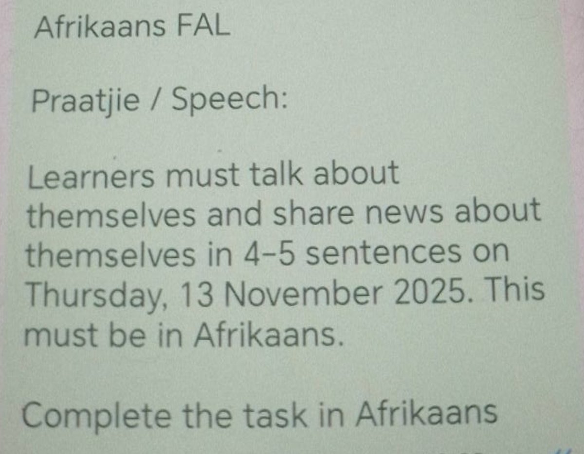 Afrikaans FAL Praatjie / Speech: Learners must talk about themselves an..