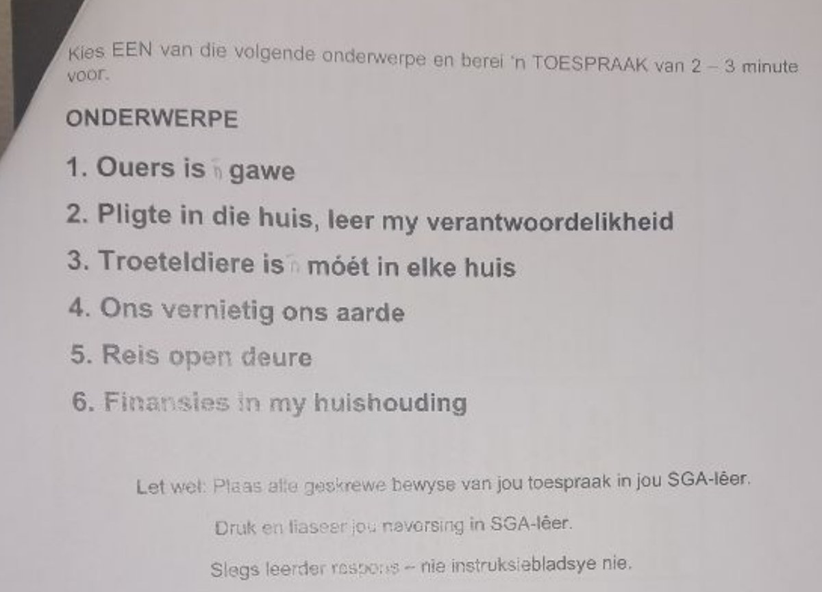 Kies EEN van die volgende onderwerpe en berei 'n TOESPRAAK van 2-3 minute..