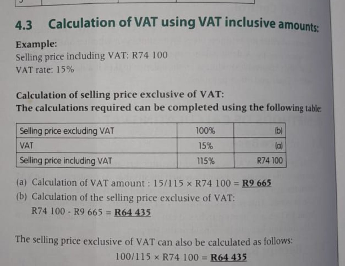 4.3 Calculation of VAT using VAT inclusive amounts: Example: Selling pri..