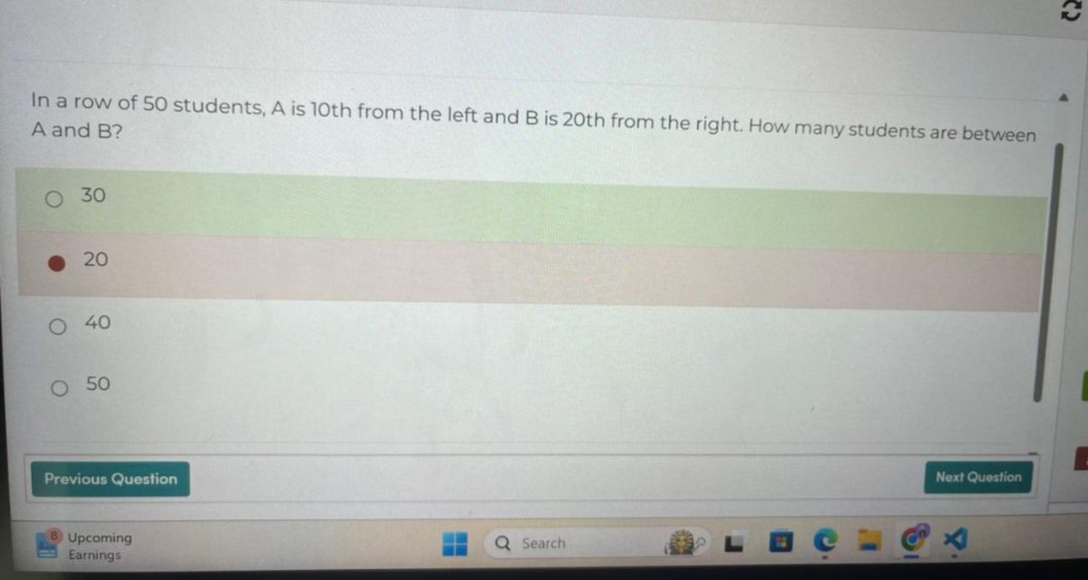 In a row of 50 students, A is 10th from the left and B is 20th from the r..