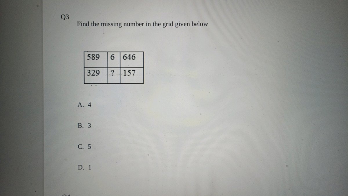 Q3 Find the missing number in the grid given below | 589 | 6 | 646