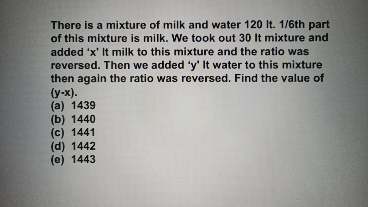 There is a mixture of milk and water 120 lt. 1/6th part of this mixture i..