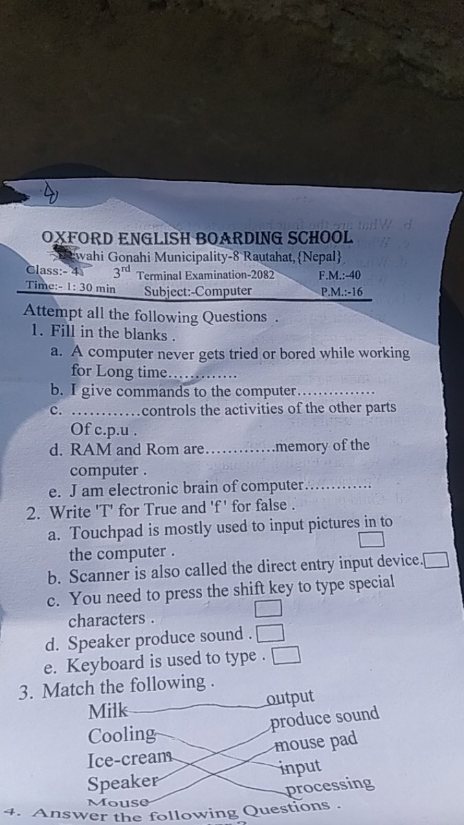 Attempt all the following Questions. 1. Fill in the blanks. a. A compute..