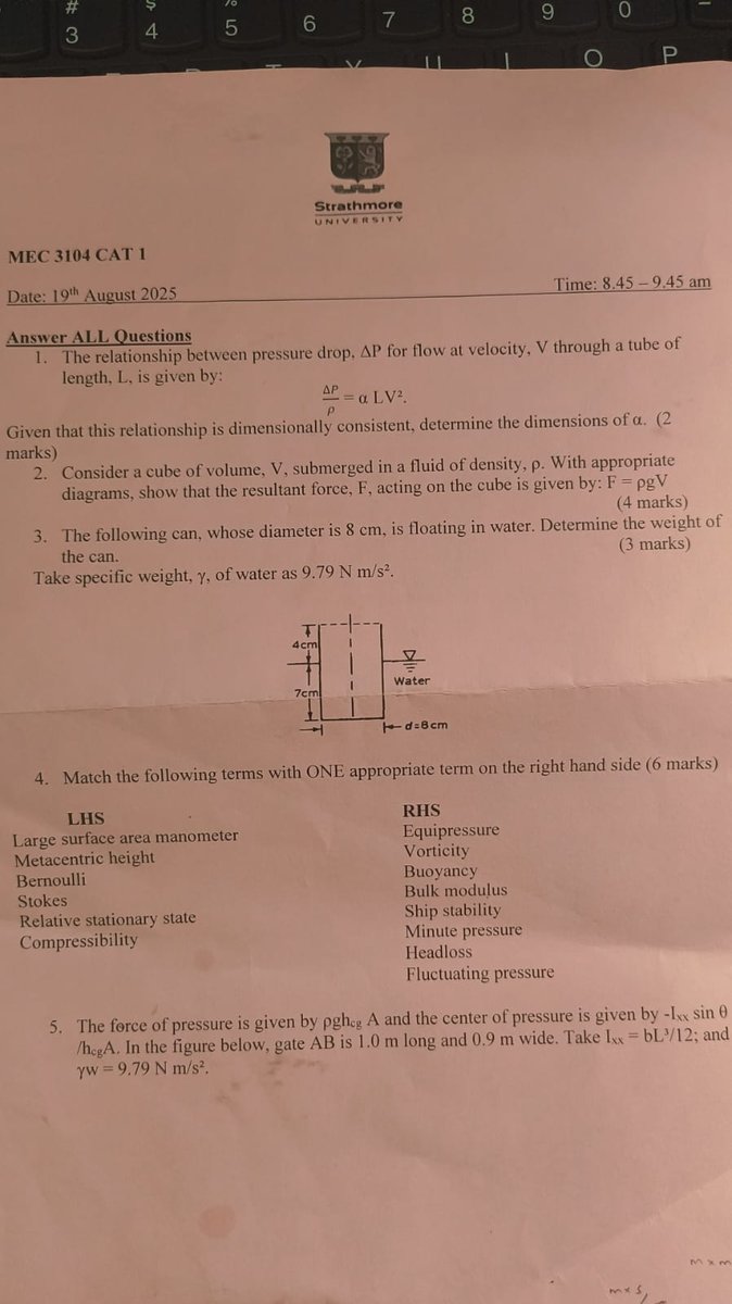 MEC 3104 CAT 1 Date: 19th August 2025 Time: 8.45 – 9.45 am Answer ALL Qu..
