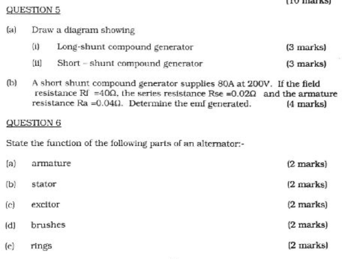 QUESTION 5 (a) Draw a diagram showing (i) Long-shunt compound generator