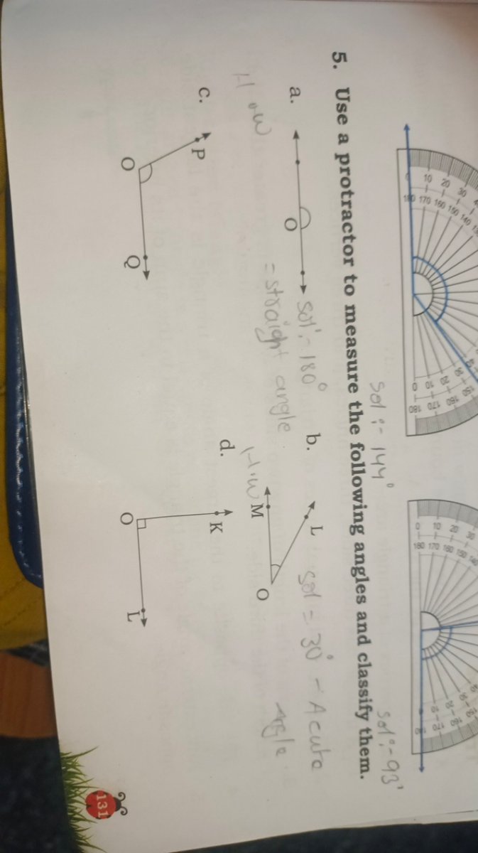 Use a protractor to measure the following angles and classify them. a.