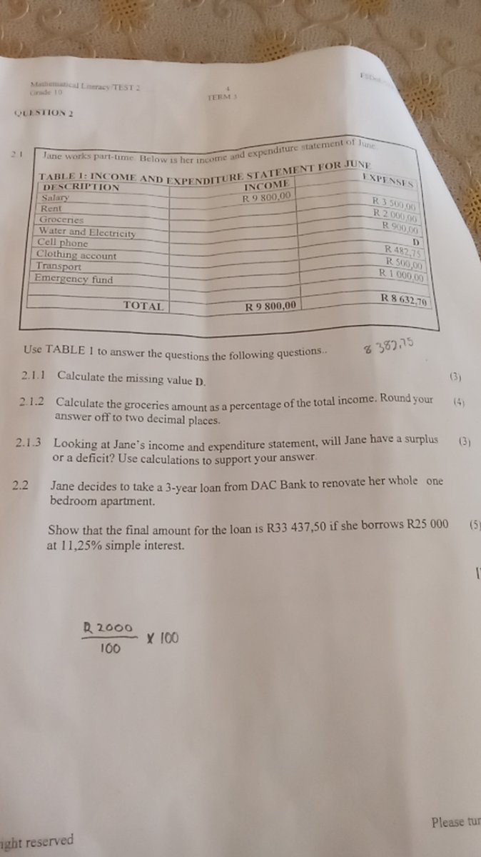 Mathematical Literacy TEST 2 Grade 10 TERM 3 QUESTION 2 Jane works part..
