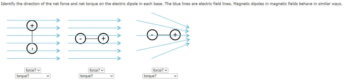 Identify the direction of the net force and net torque on the electric di..