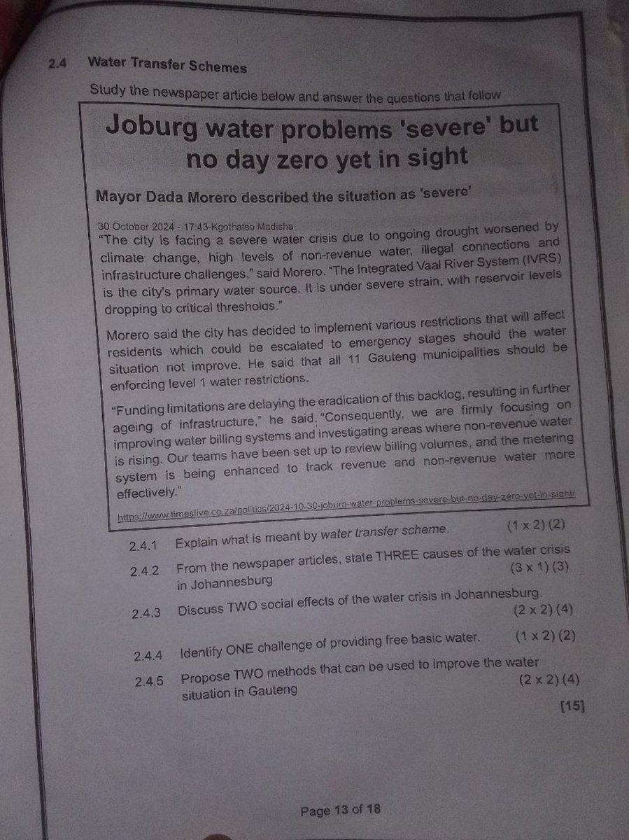 Water Transfer Schemes Study the newspaper article below and answer the q..