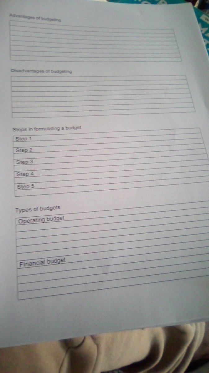 Advantages of budgeting Disadvantages of budgeting Steps in formulating..