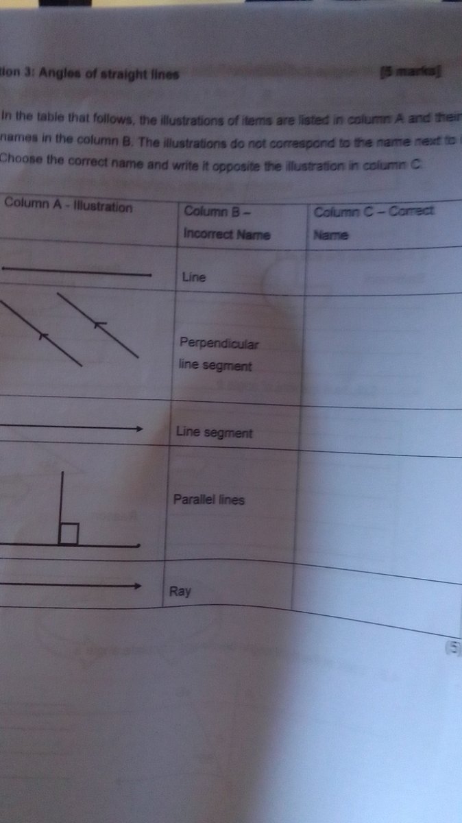 Question 3: Angles of straight lines In the table that follows, the illu..