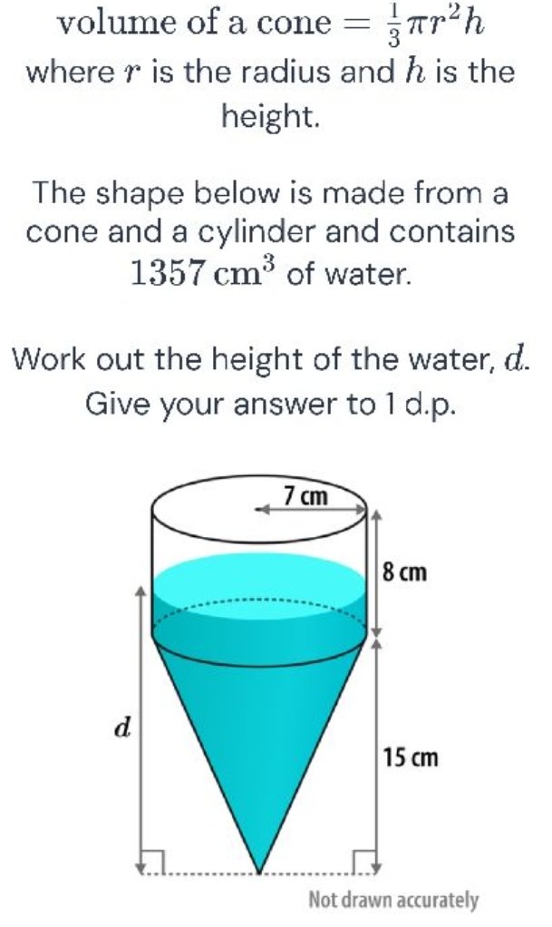 The volume of a cone = \frac{1}{3}\pi r^2 h, where r is the radius and h