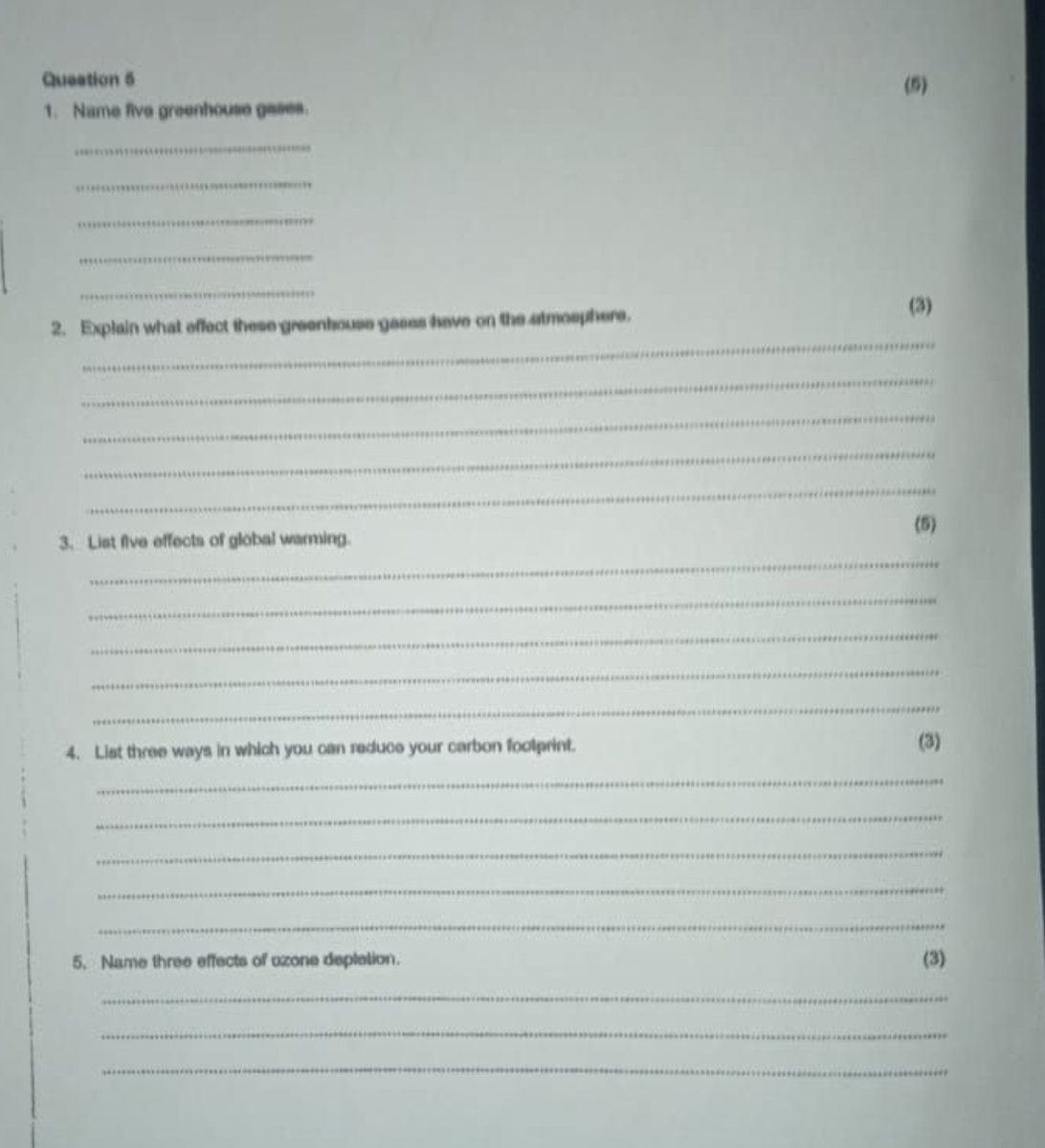 Question 5 Name five greenhouse gases. Explain what effect these greenh..