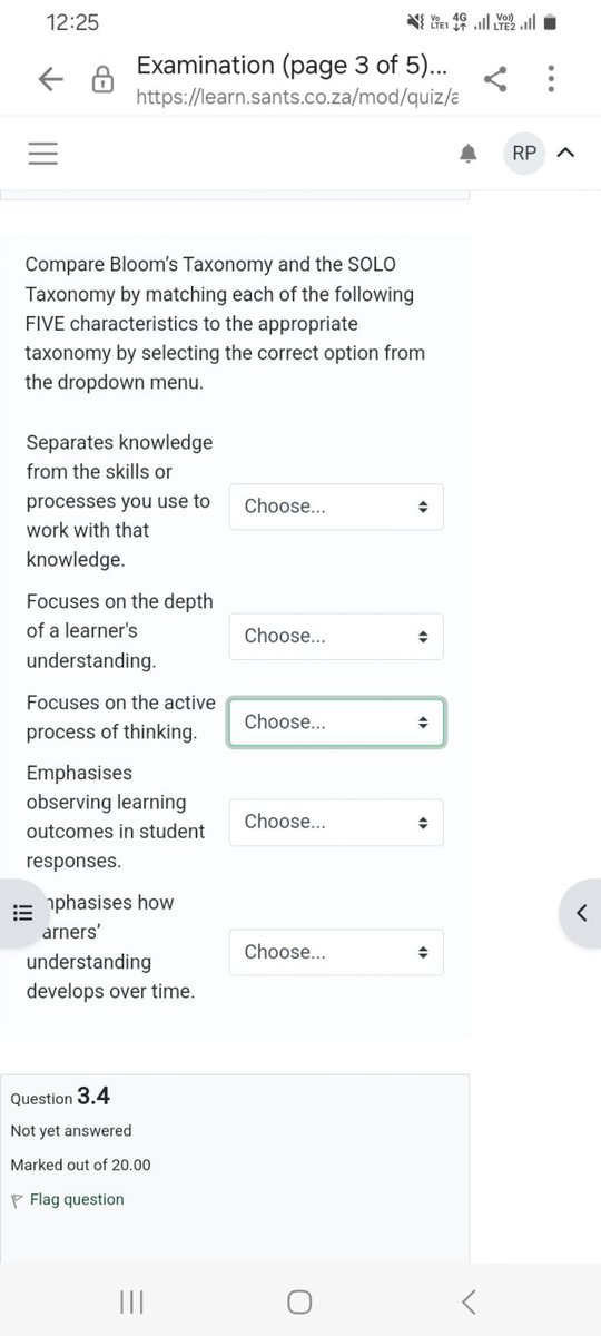 Compare Bloom's Taxonomy and the SOLO Taxonomy by matching each of the fo..