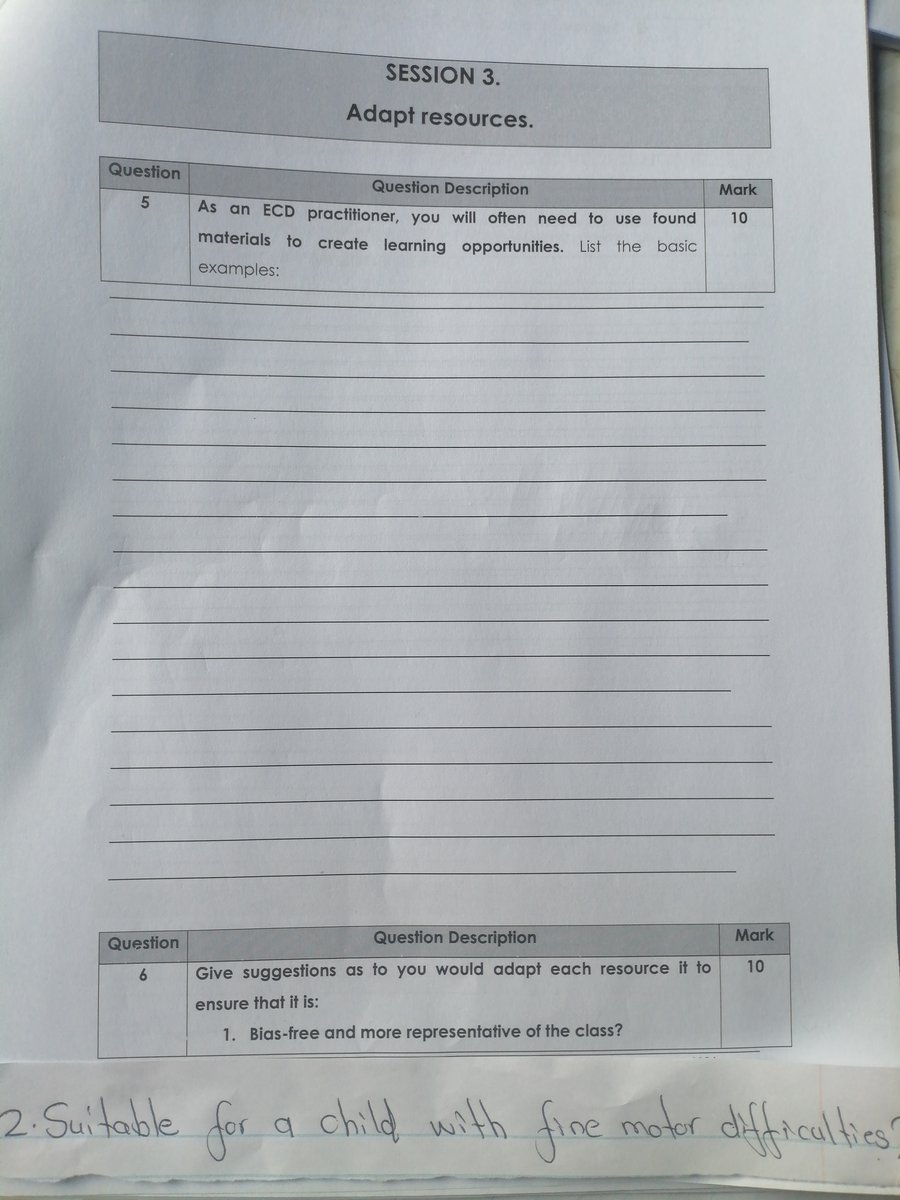 SESSION 3. Adapt resources. Question 5 (10 Marks) As an ECD practitioner..
