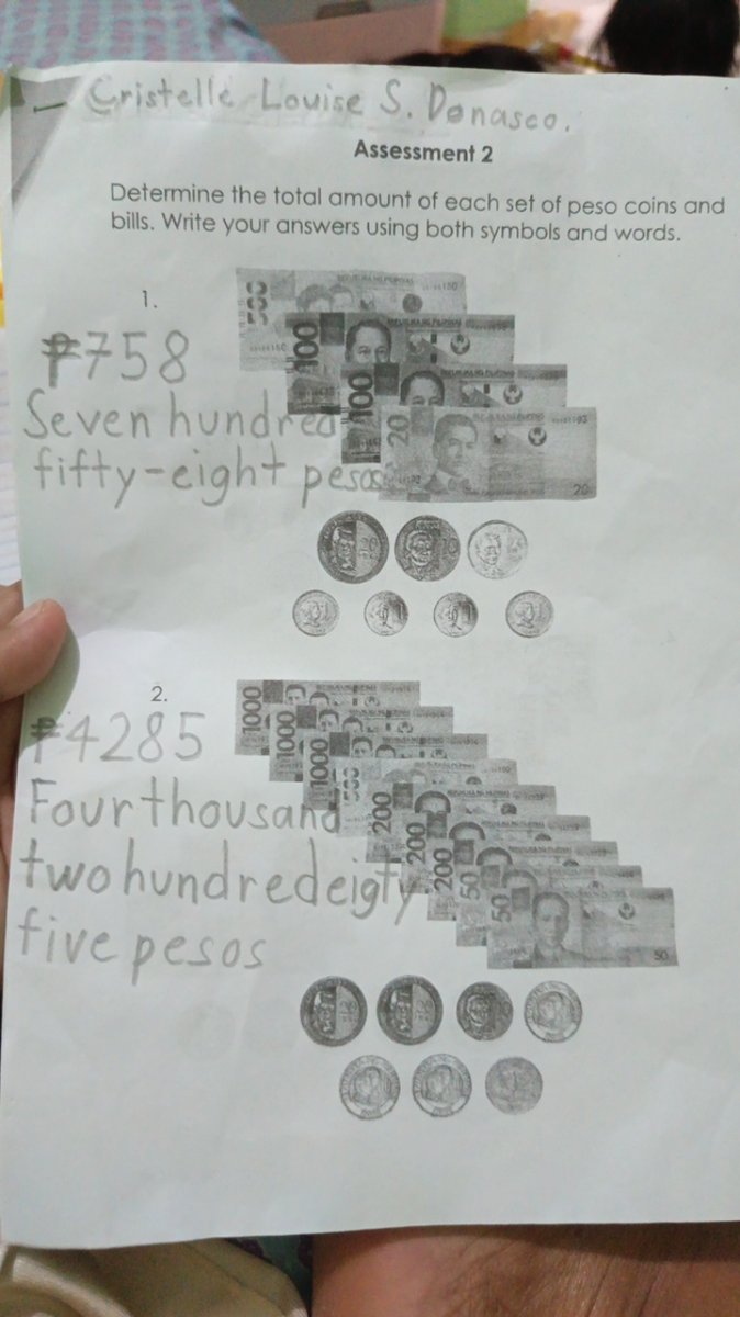 Determine the total amount of each set of peso coins and bills. Write you..