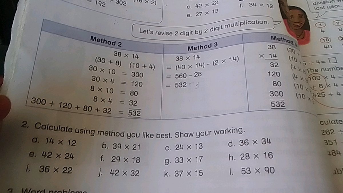 Calculate using method you like best. Show your working. a. 14 x 12 b. 39..