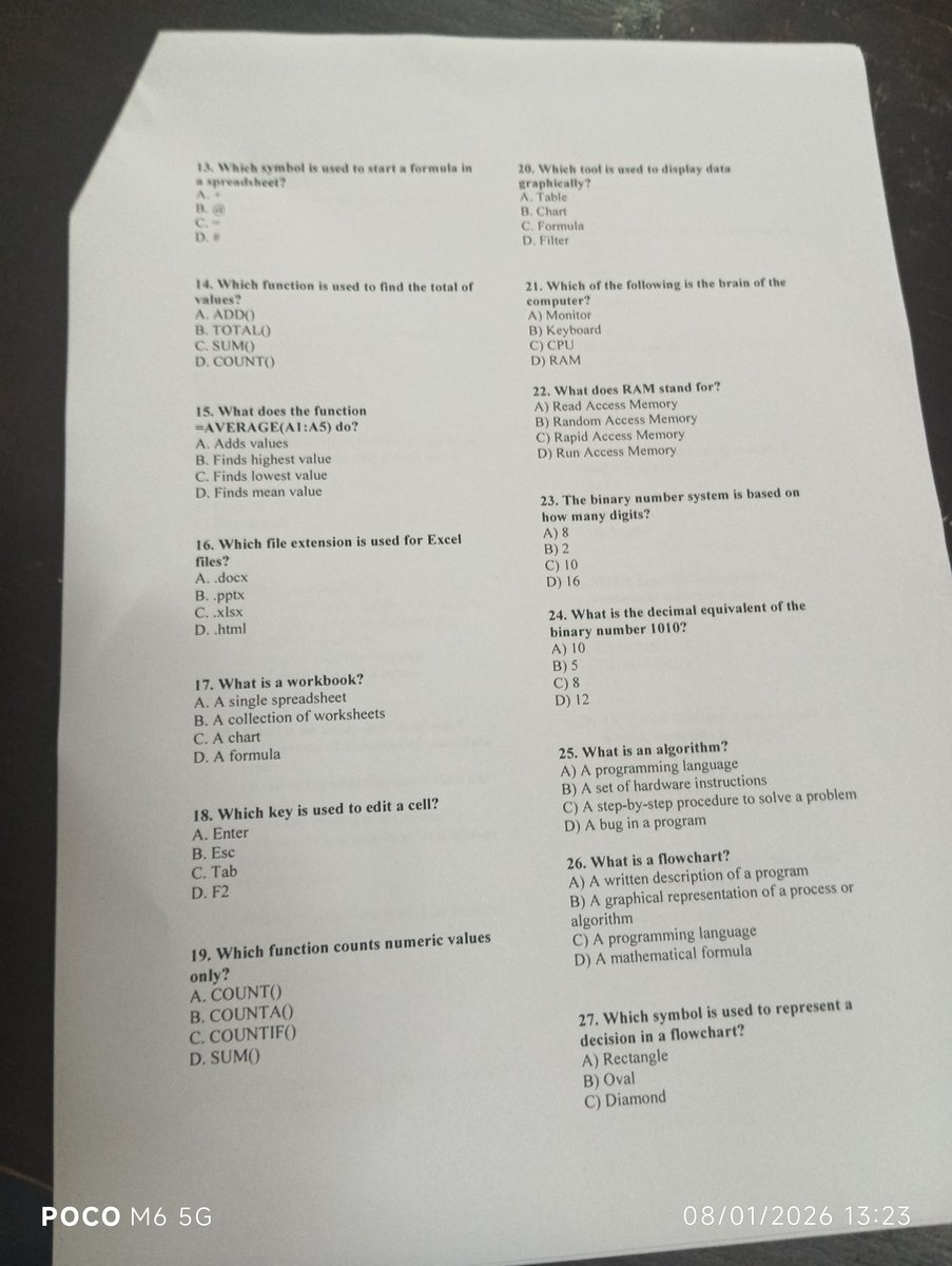 Which symbol is used to start a formula in a spreadsheet? A.+ B.@ C.-
