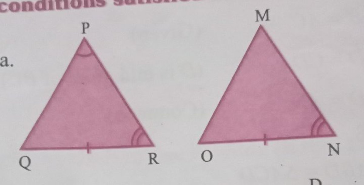 The image shows two triangles, PQR and MON. In triangle PQR, angle P is m..