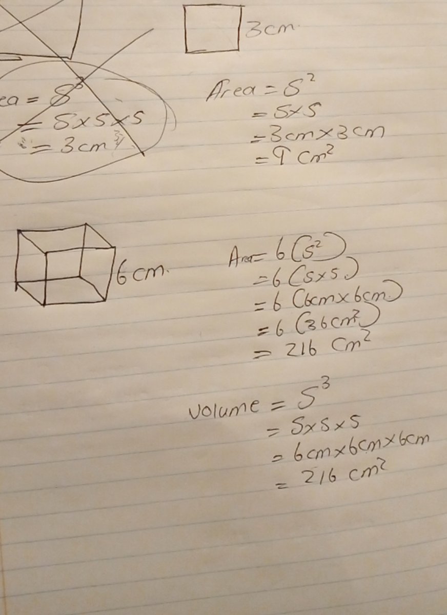 The image shows calculations for the area of a square and the surface are..