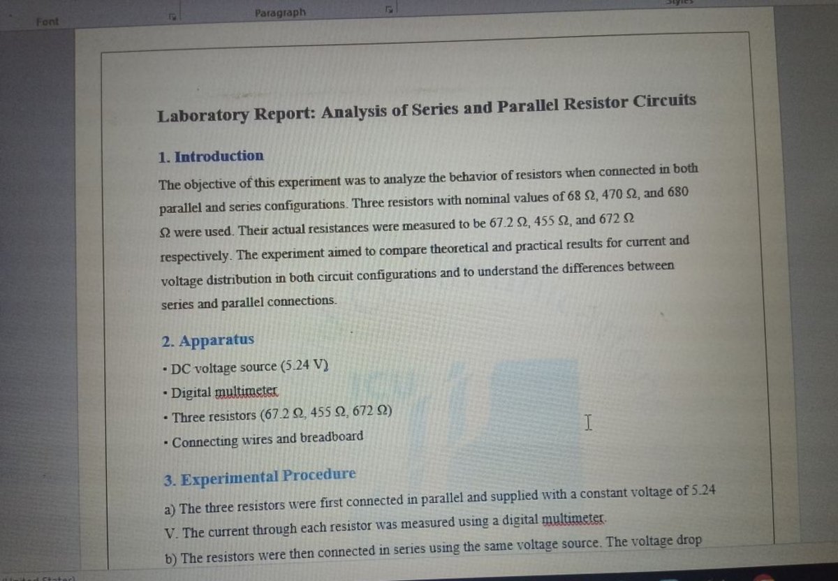 Laboratory Report: Analysis of Series and Parallel Resistor Circuits 1.