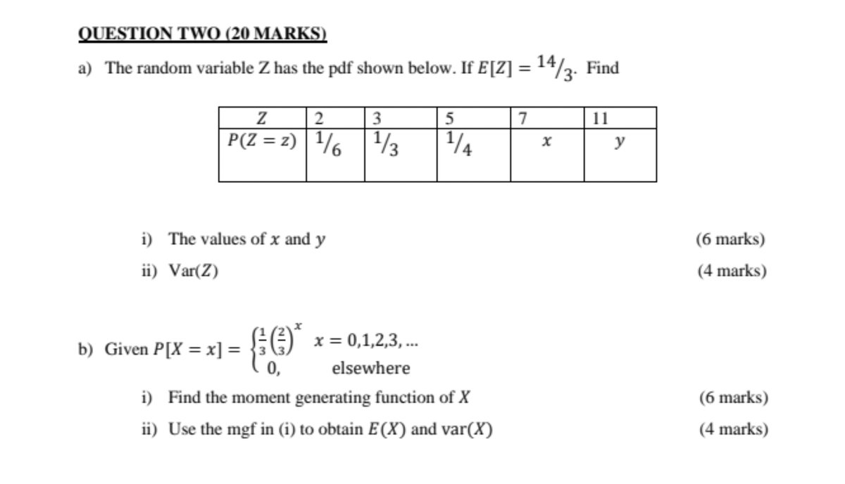 QUESTION TWO (20 MARKS) a) The random variable Z has the pdf shown below...