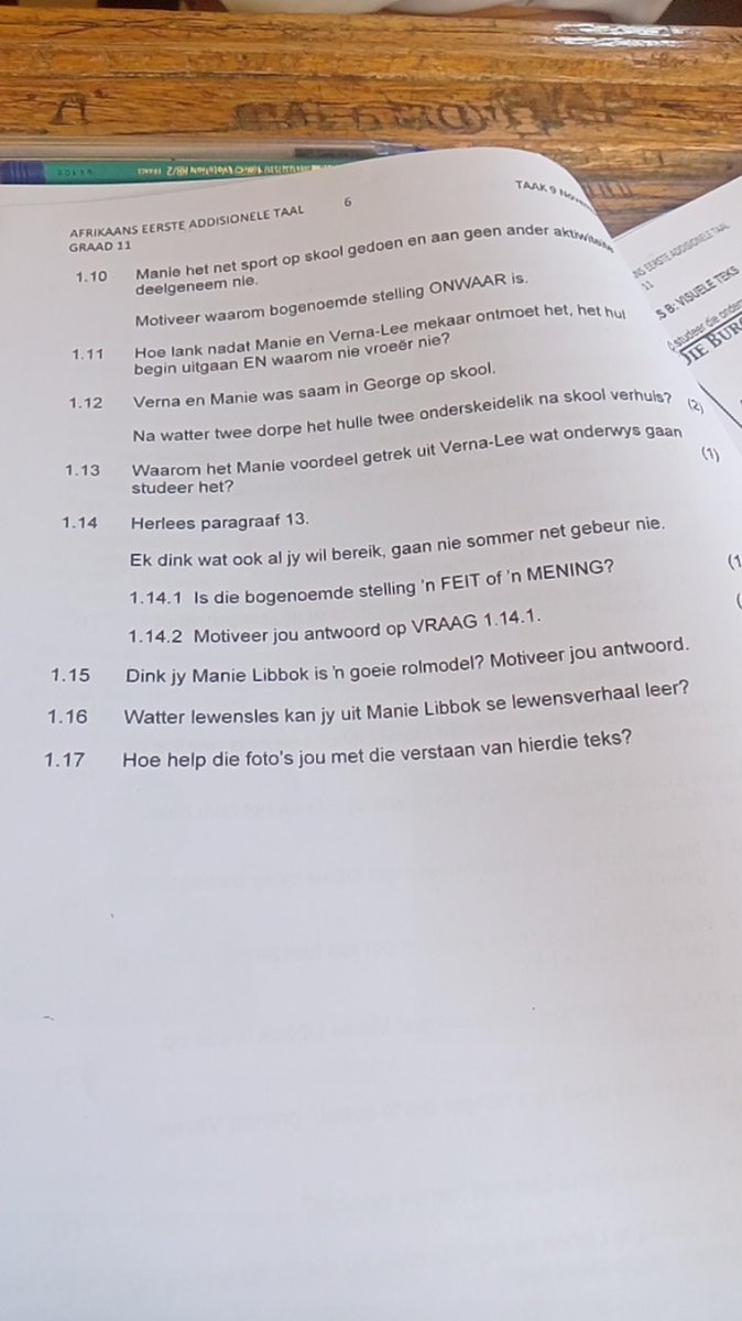 AFRIKAANS EERSTE ADDISIONELE TAAL GRAAD 11 TAAK 9 1.10 Manie het net spo..