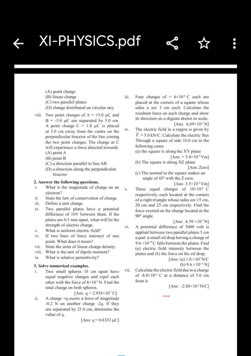 Multiple Choice Questions: viii. Two point charges of A = +5.0 µC and