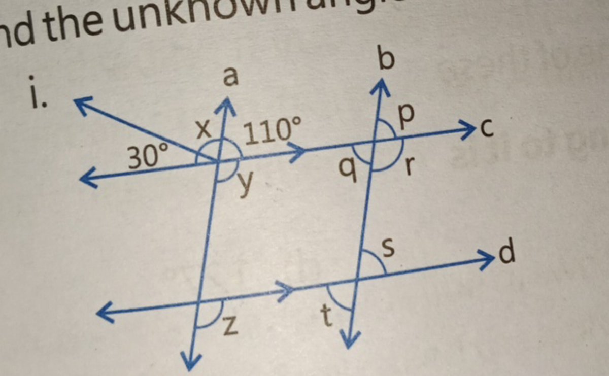 Find the unknown angles in the given diagram. The diagram shows two paral..