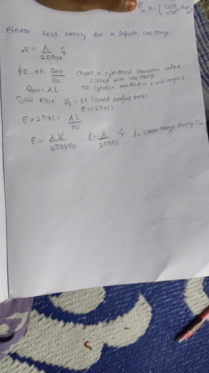 Electric field intensity due to Infinite line charge. E = \frac{\lambda}..