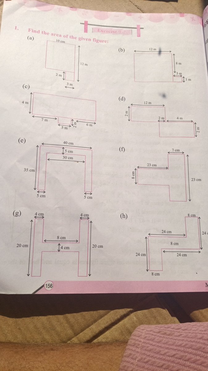 Find the area of the given figure: (a) A figure composed of a 10 cm x 12..