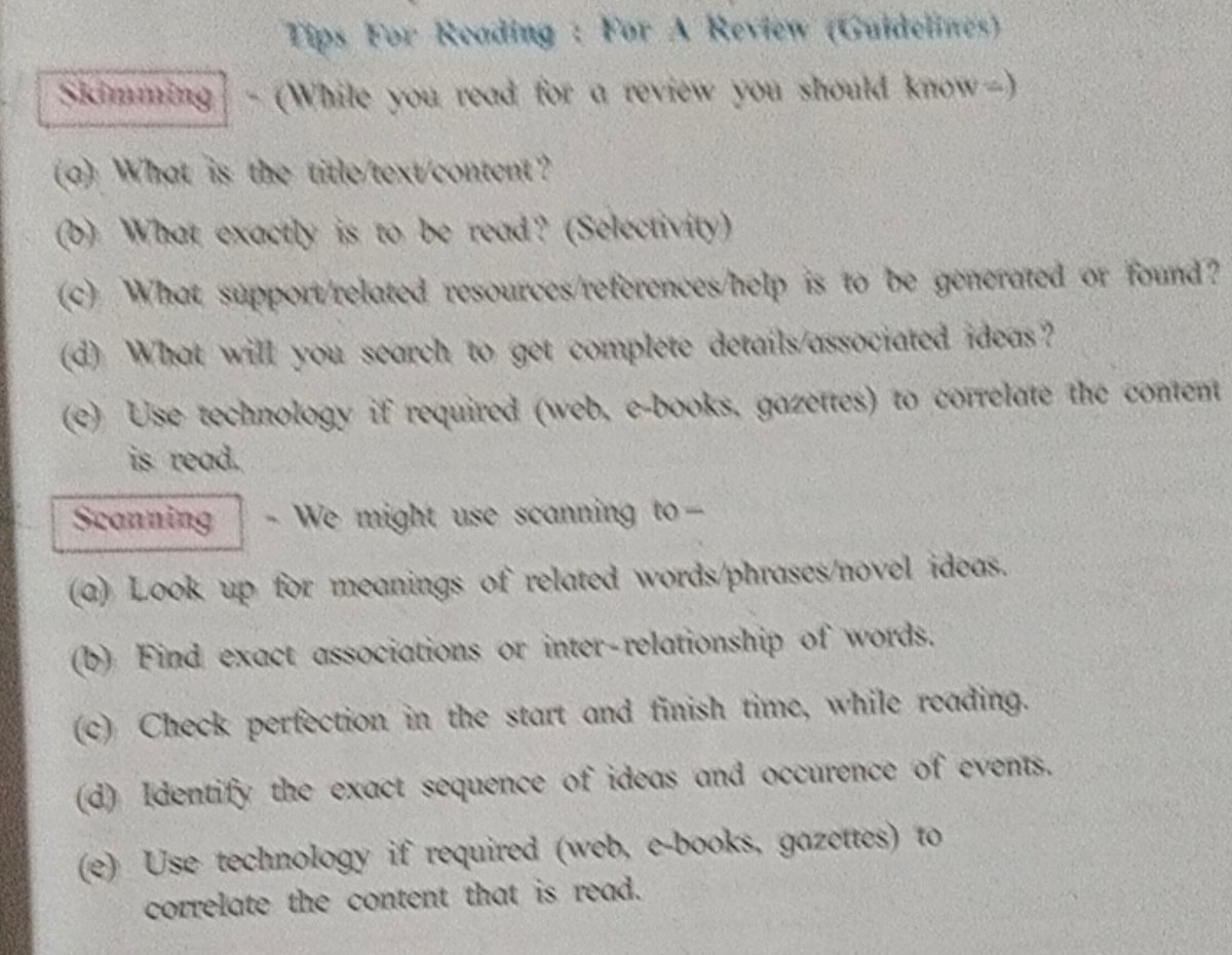 Tips For Reading: For A Review (Guidelines) Skimming - (While you read f..