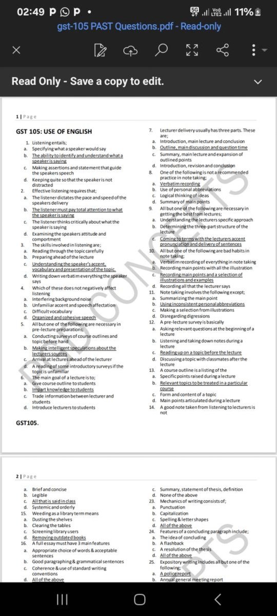 GST 105: USE OF ENGLISH Listening entails: a. Specifying what a spea..
