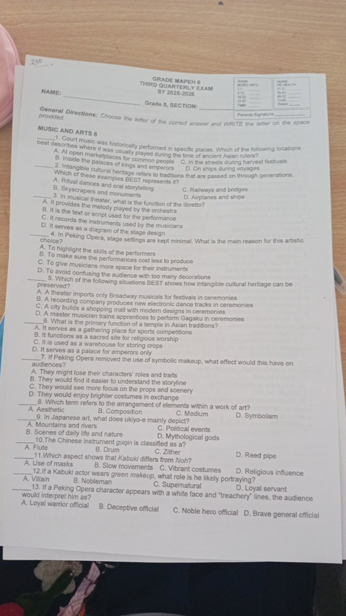 GRADE MAPEH 8 THIRD QUARTERLY EXAM SY 2025-2026 NAME: Grade 8, SECTION: