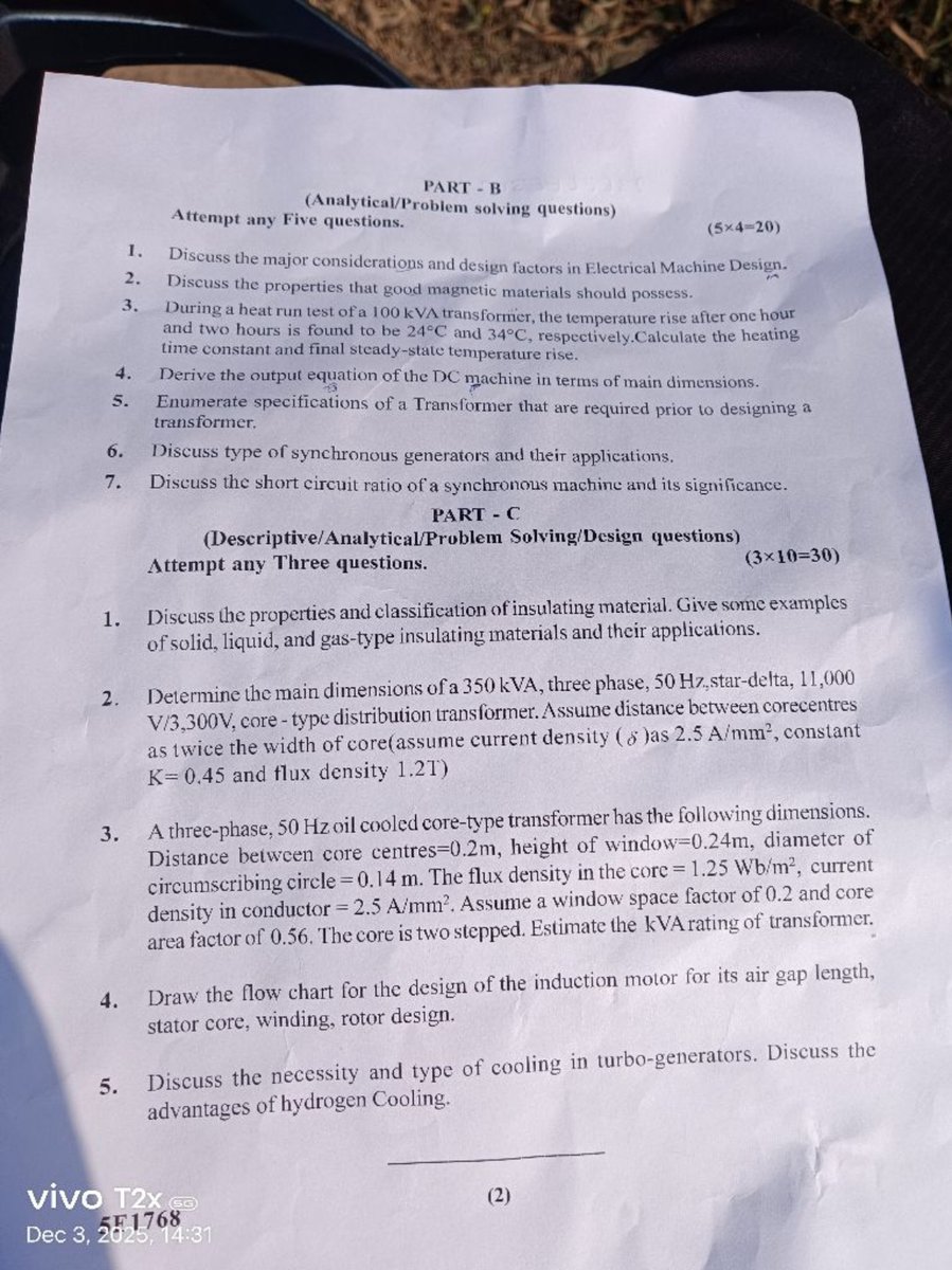 Here are some questions from an Electrical Engineering exam: PART - B (A..