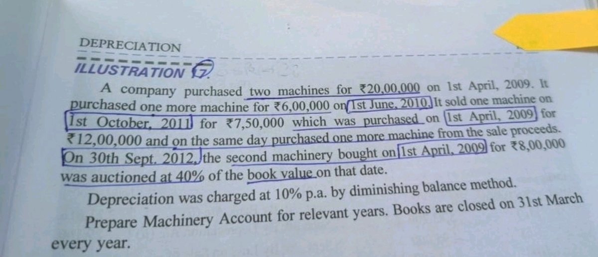A company purchased two machines for ₹20,00,000 on 1st April, 2009. It pu..