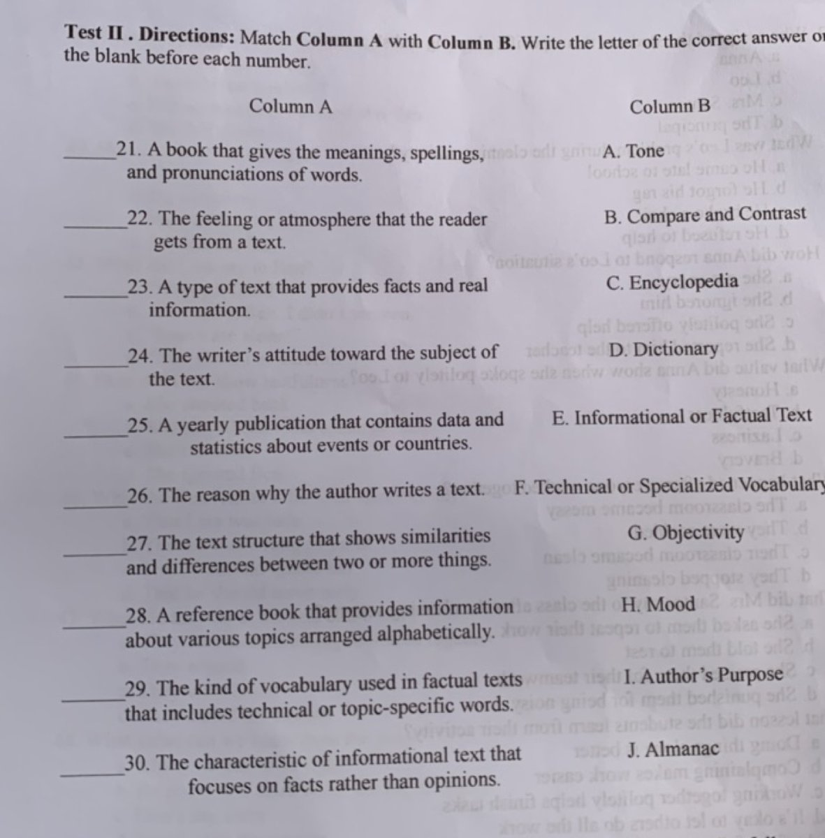 Test II. Directions: Match Column A with Column B. Write the letter of th..