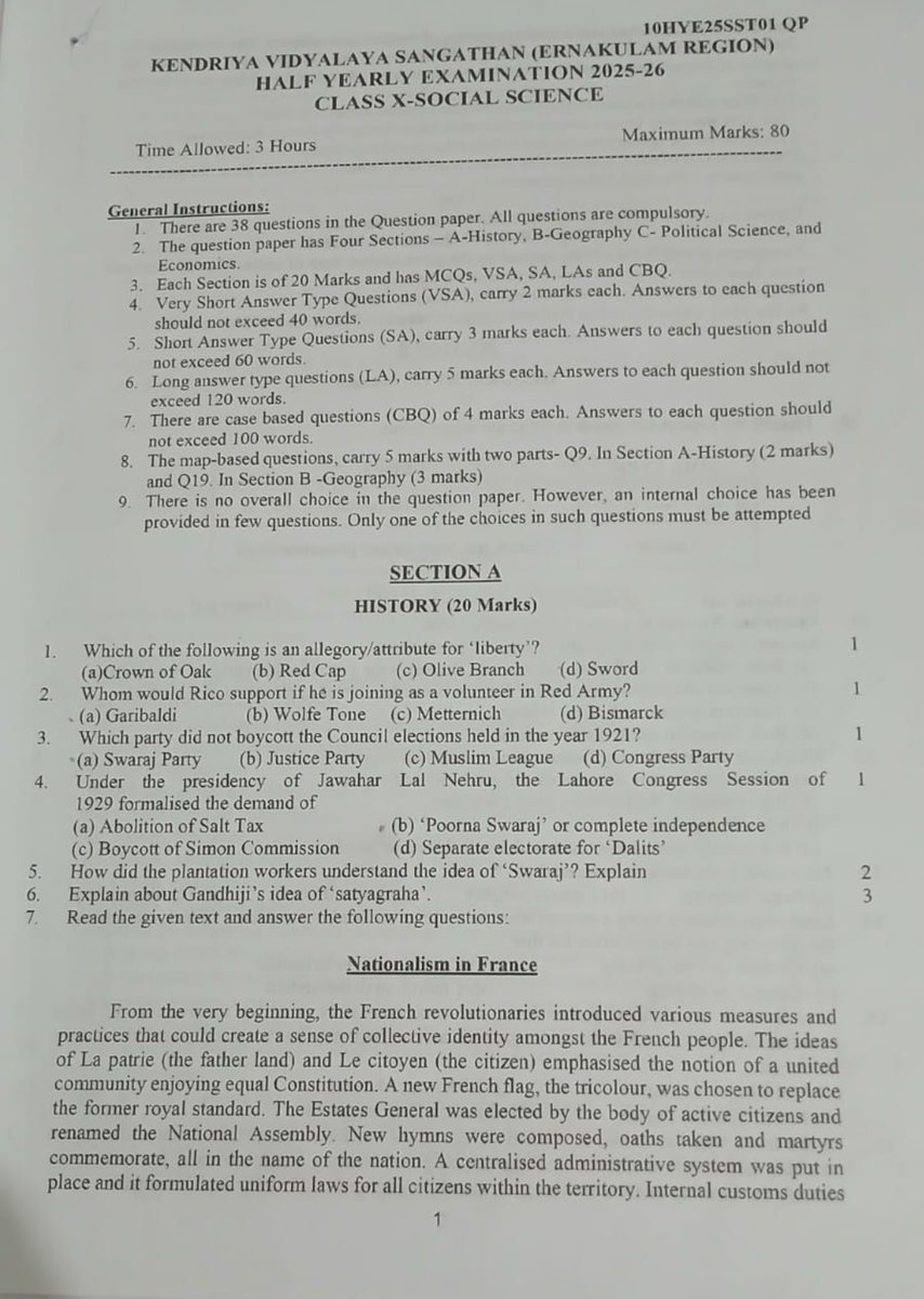 Here are some questions from a Class X Social Science exam, Section A - H..
